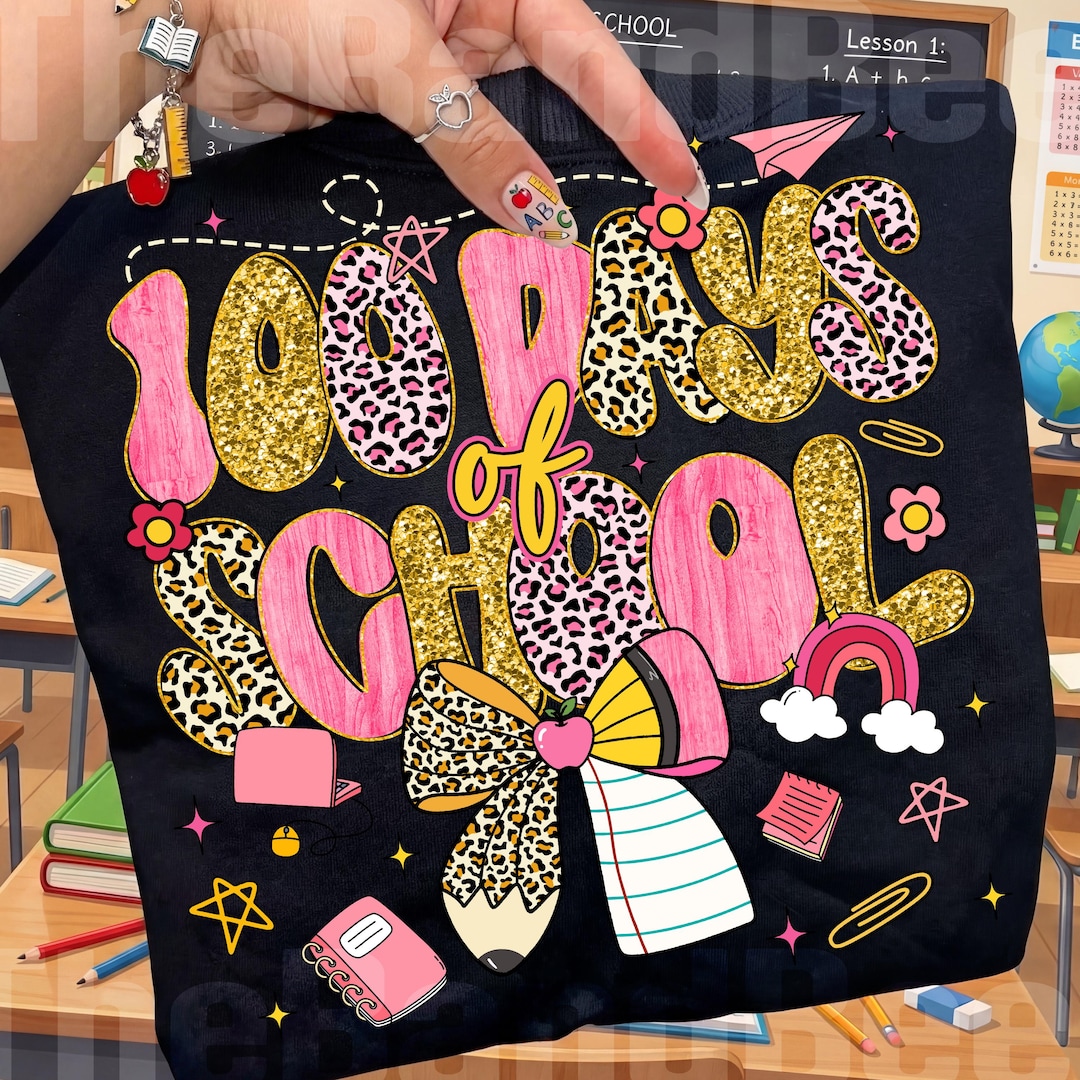 Preppy Teacher 100 Days of School Leopard Png, Coquette Pencil Bow Pink ...