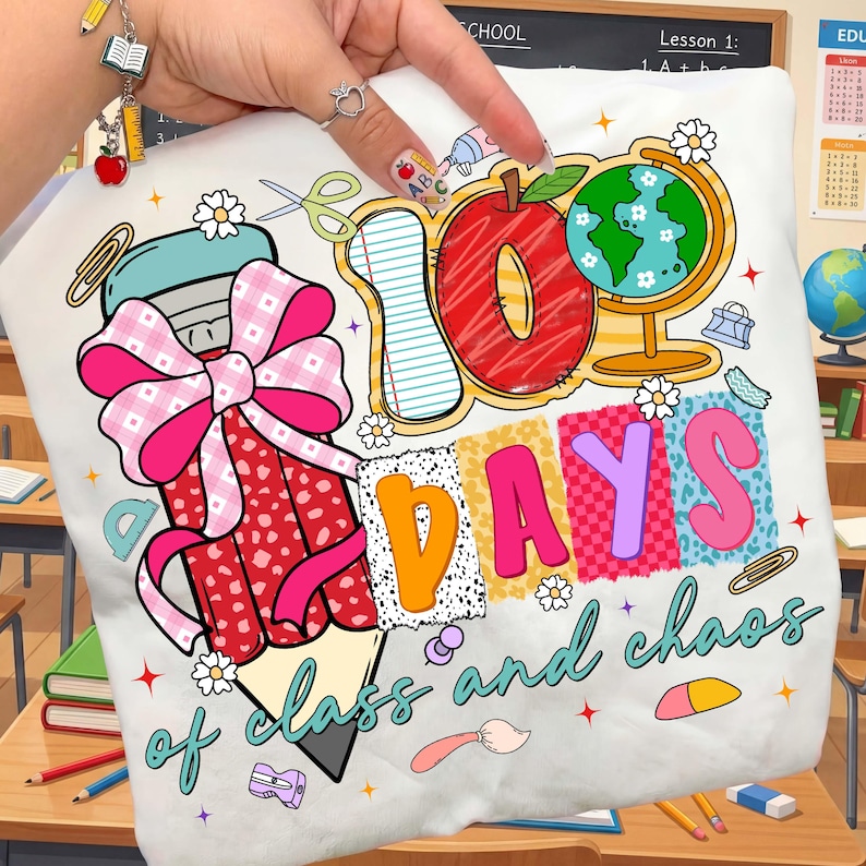Preppy 100 Days of Class and Chaos PNG, Coquette Teacher Pencil Bow ...
