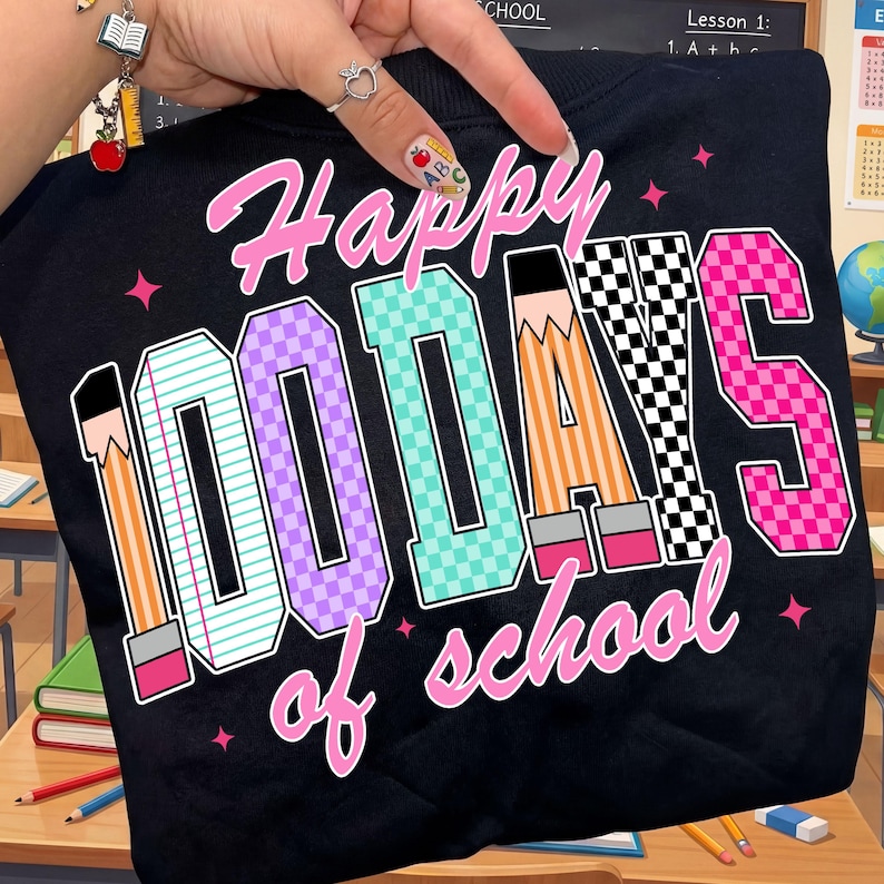 Retro 100 Days of School PNG Checkered, 100th Day of School Png, Pencil ...