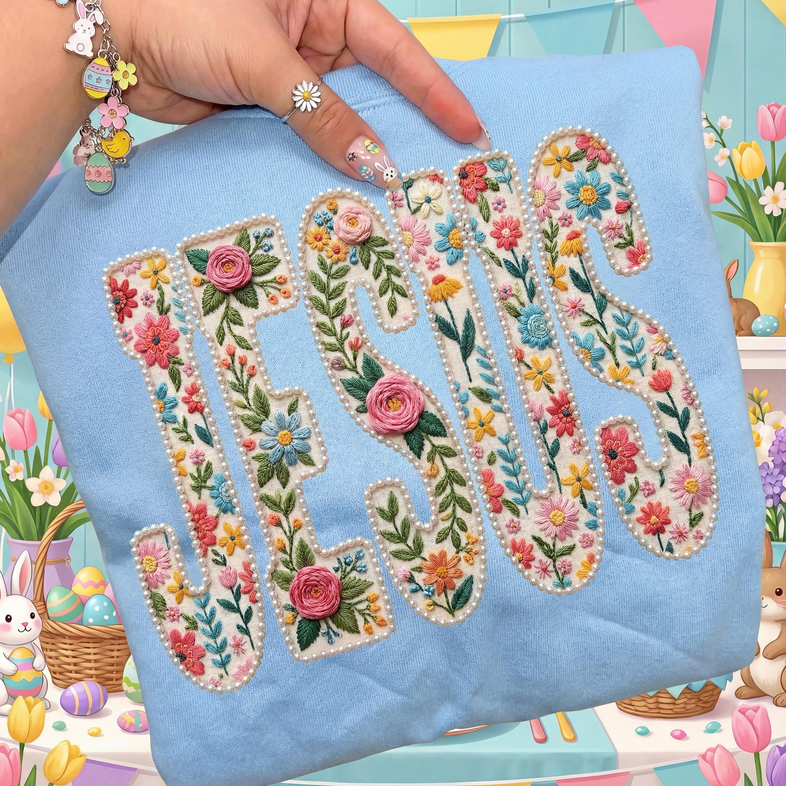 Floral Easter Jesus Patchwork Pearls PNG, Easter PNG, Floral Retro ...