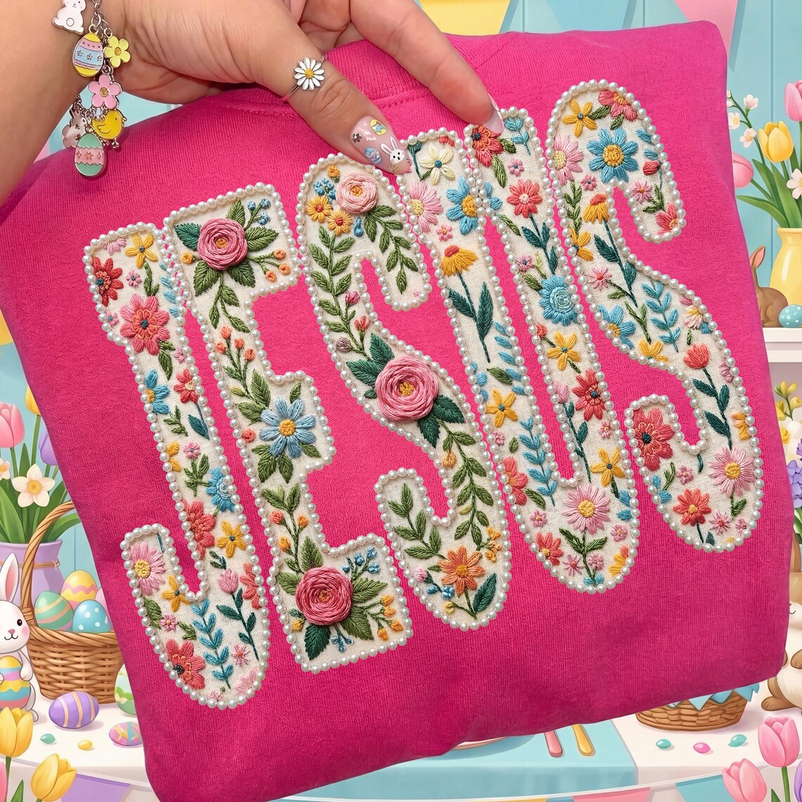 Floral Easter Jesus Patchwork Pearls PNG, Easter PNG, Floral Retro ...