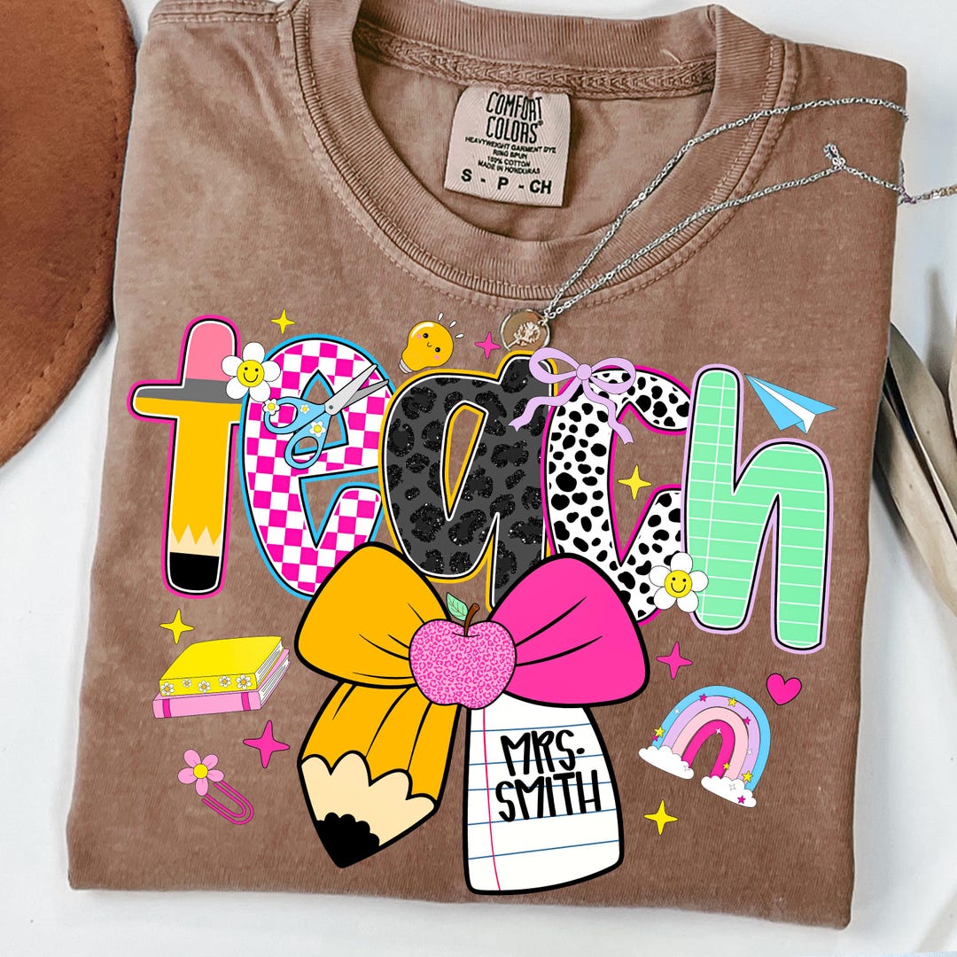 Preppy Teacher Pencil Coquette Png, Custom Teacher Name Png, Preppy ...