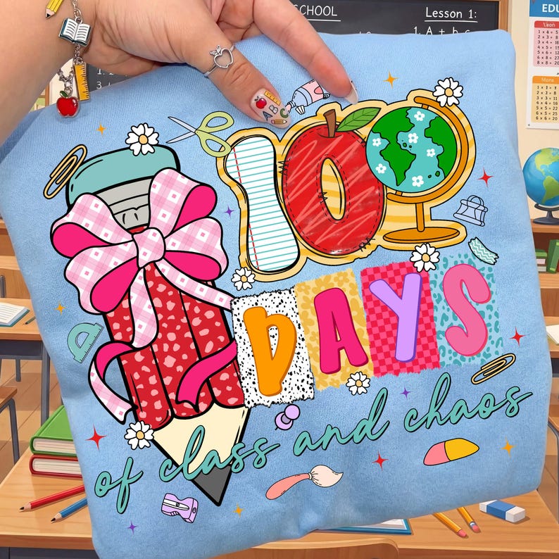 Preppy 100 Days of Class and Chaos PNG, Coquette Teacher Pencil Bow ...