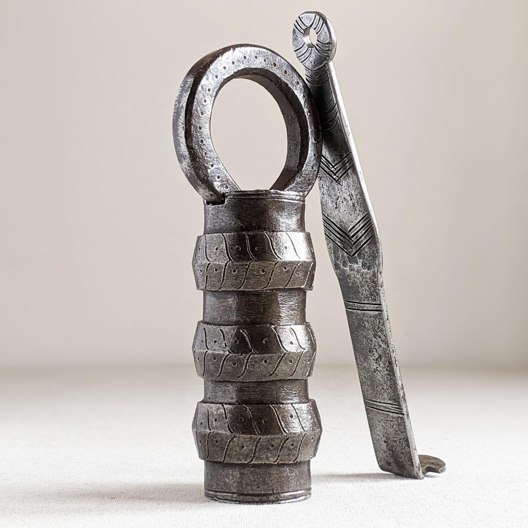 Large Antique Indian Padlock With Carved Decorations Cylindrical Barrel ...