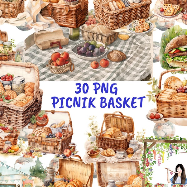 Picnic Basket Watercolor Clipart Png, Summer Picnic Png, Commercial Use ...