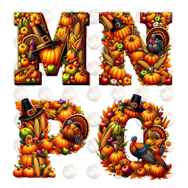 Thanksgiving Clipart Alphabet, Pumpkin Turkey Letters (PNG Digital ...