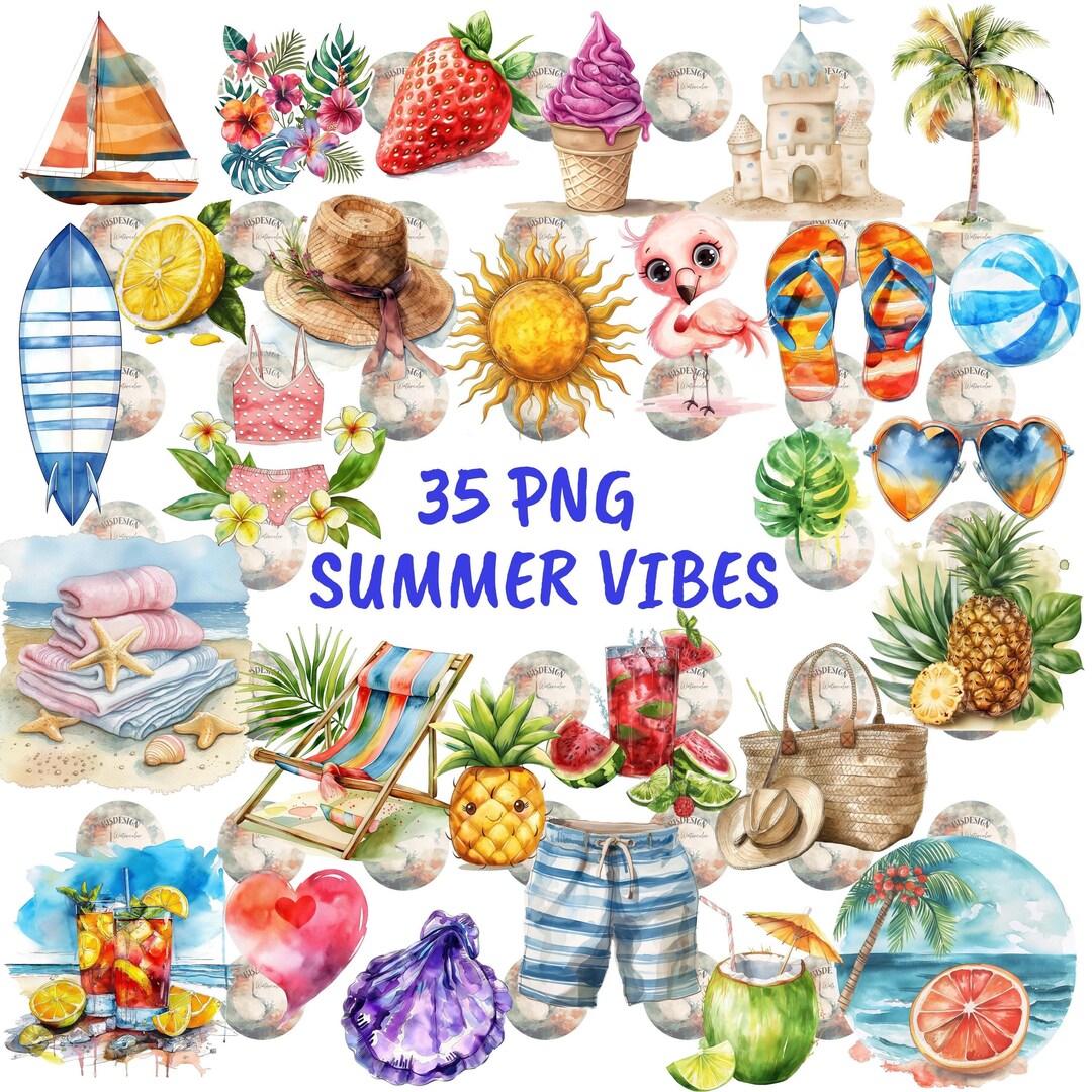 Watercolor Summer Clipart, Beach Vacation Graphics (35 PNG) - Etsy