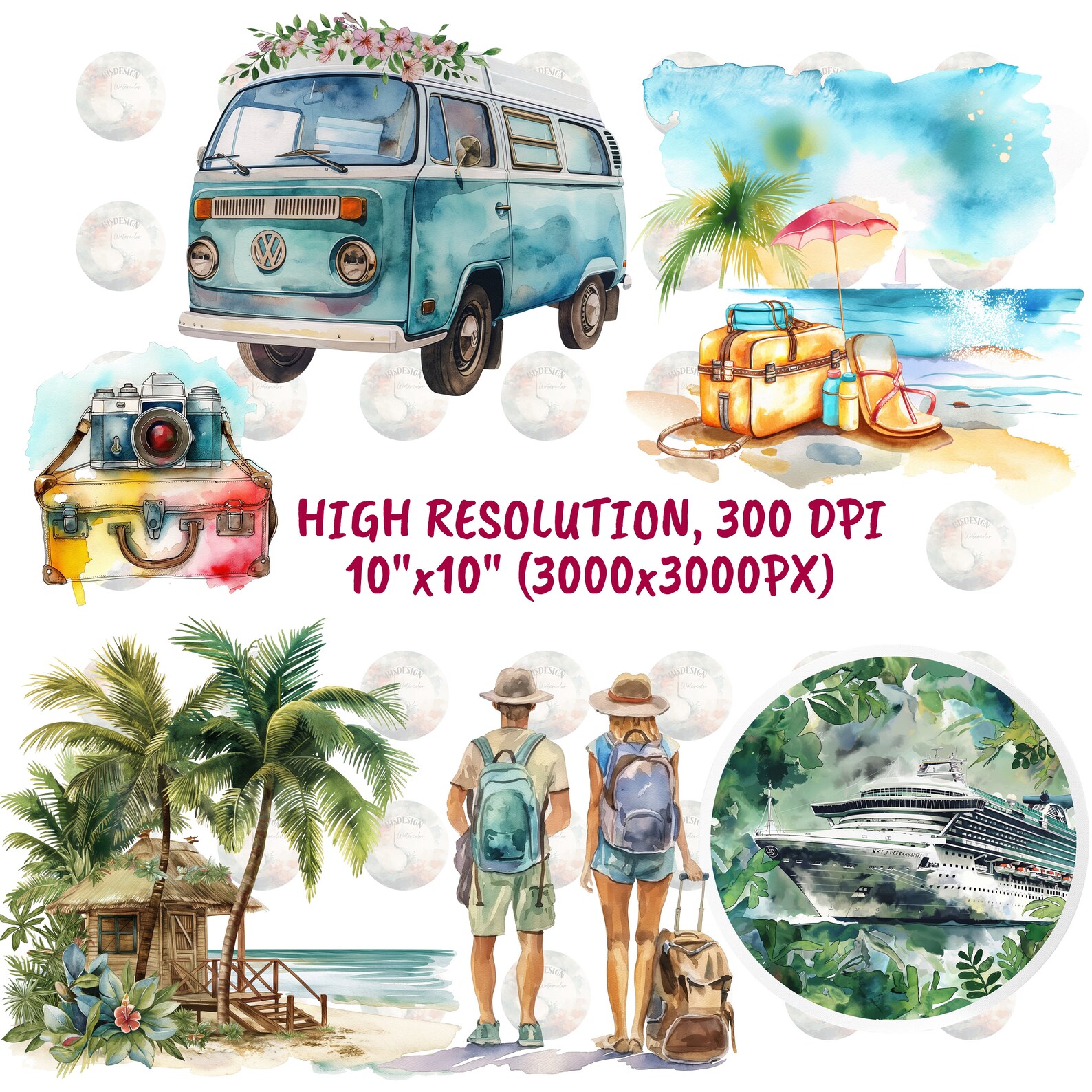 Summer Holiday Watercolor Clip Art, Travel Stickers Clipart Png ...