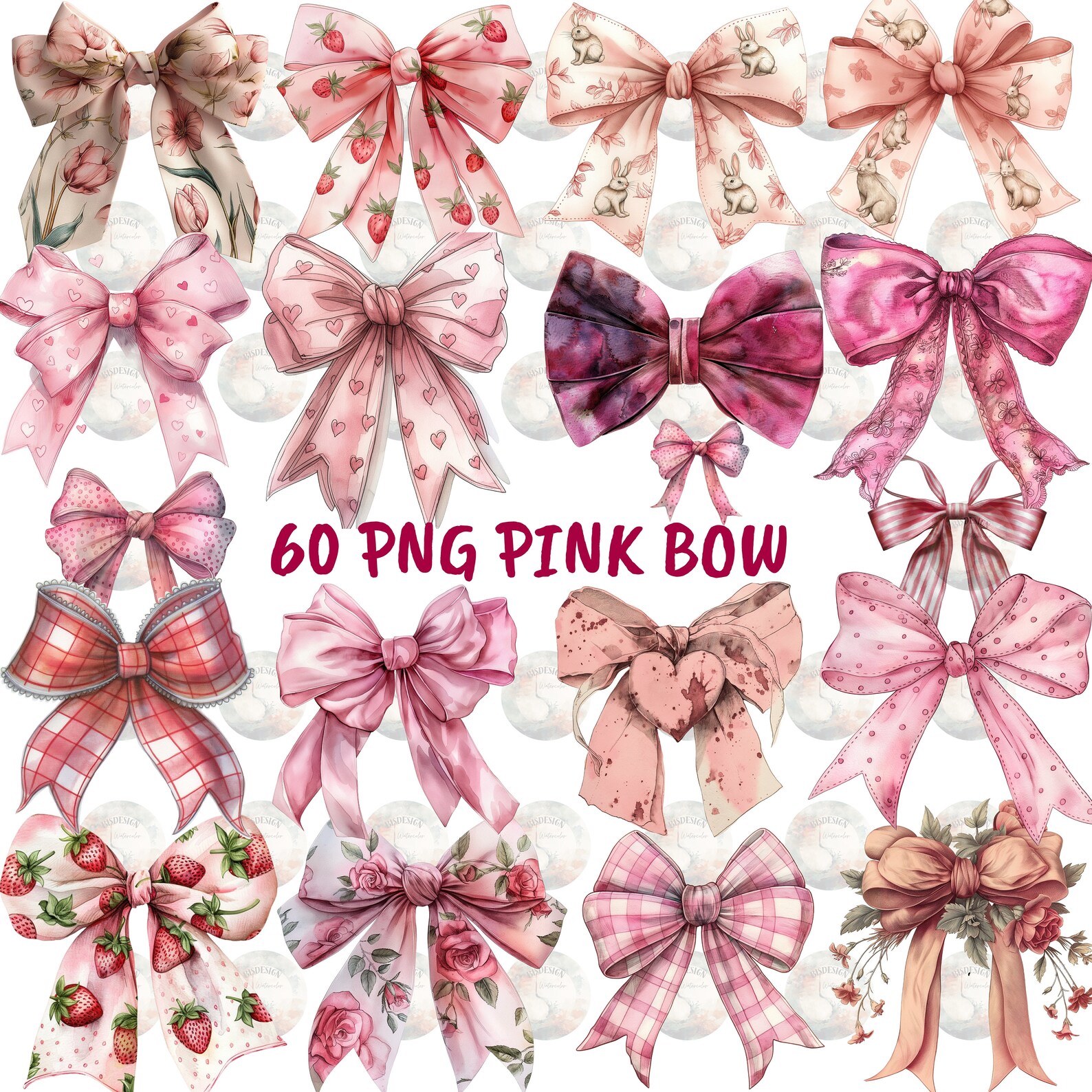 60 Watercolor Cute Bows Clip Art, Baby Girl Cute Pink Bow Clipart, Pink ...