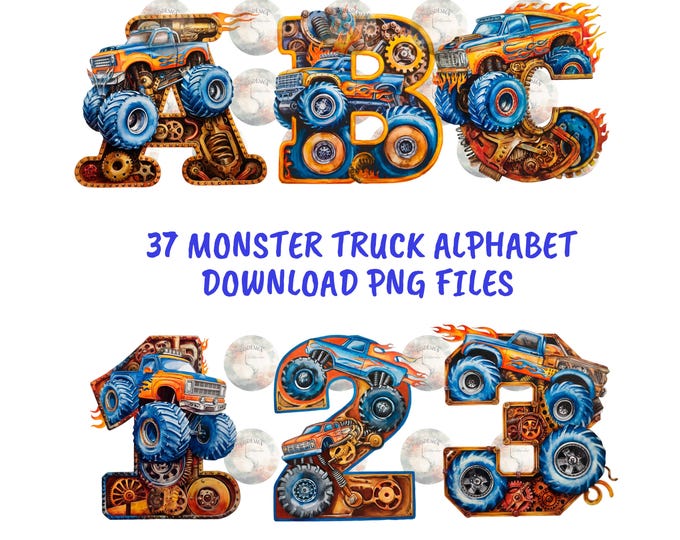 Monster Truck Alphabet PNG Bundle, Numbers Clipart, Boys Birthday ...