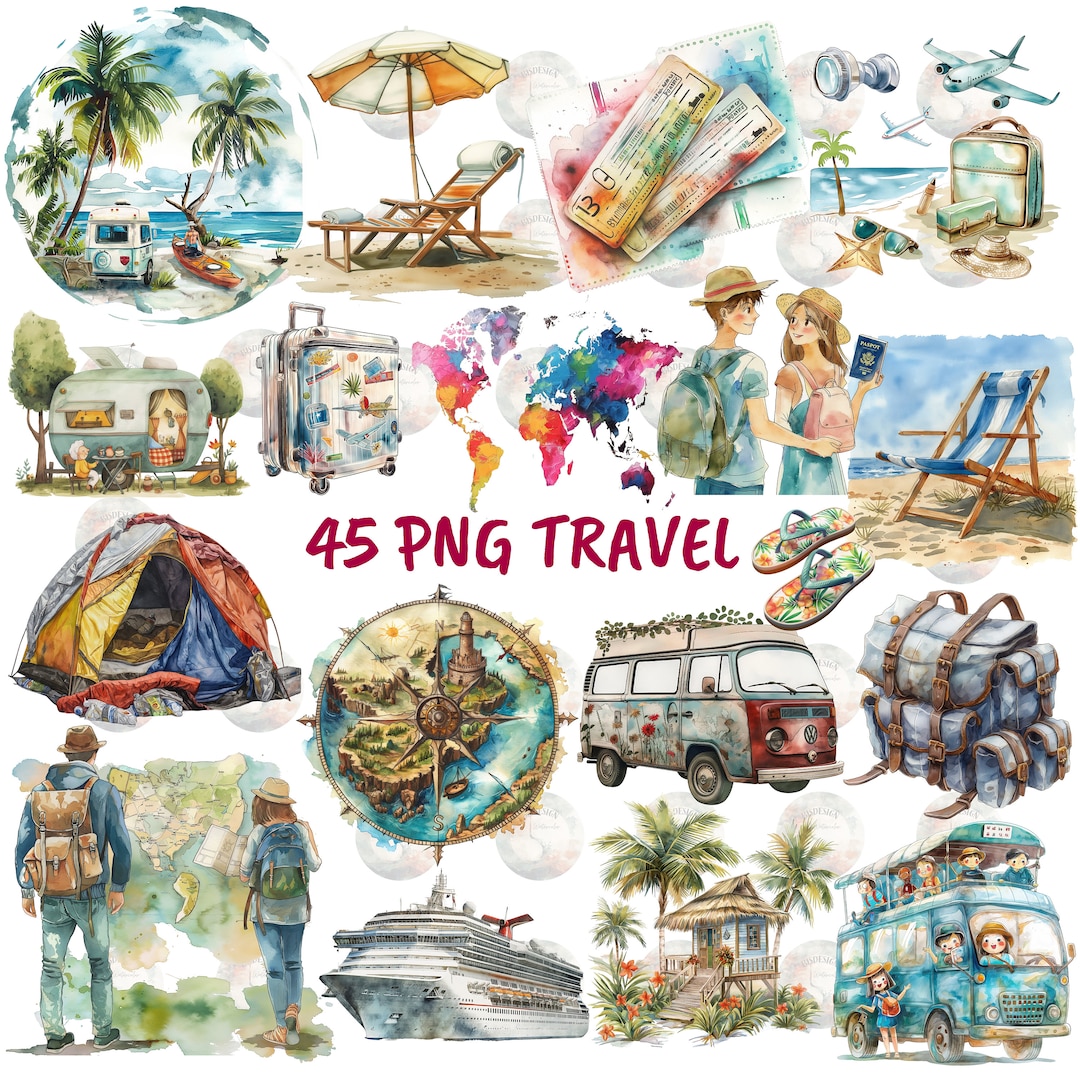 Watercolor Travel Clip Art Png, Summer Tropical Holiday Clip Art ...