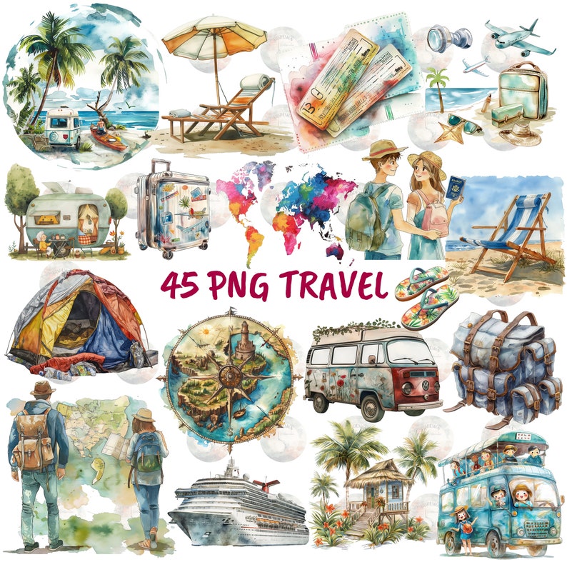 Watercolor Travel Clip Art Png, Summer Tropical Holiday Clip Art ...