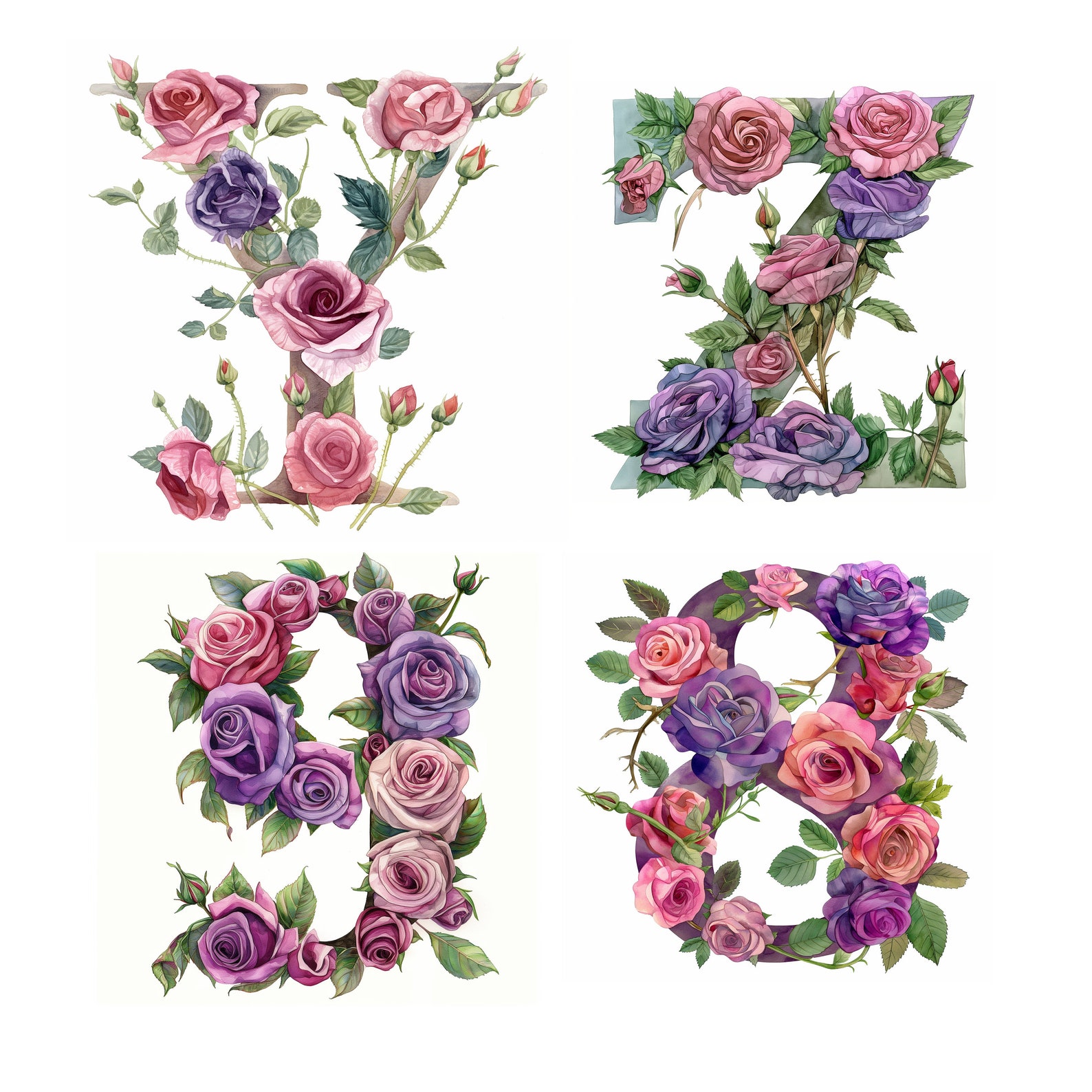 Watercolor Rose Alphabet Clipart Png, Pink Rose Alphabet Png, Floral ...