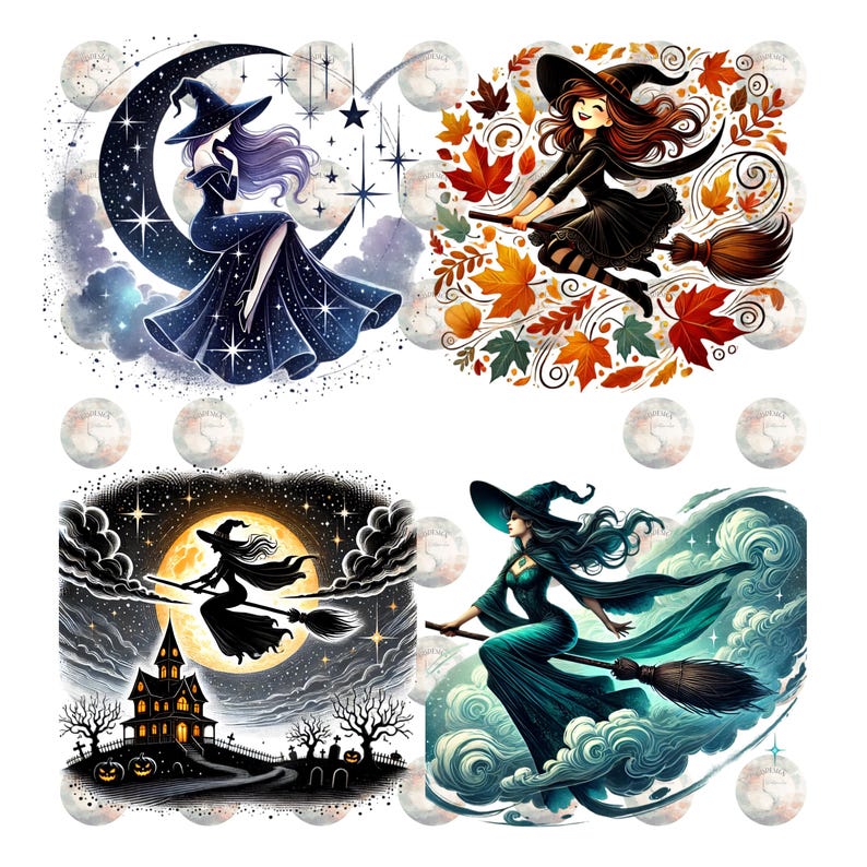 Watercolor Witches on Broomsticks Clipart Bundle, Halloween PNG ...