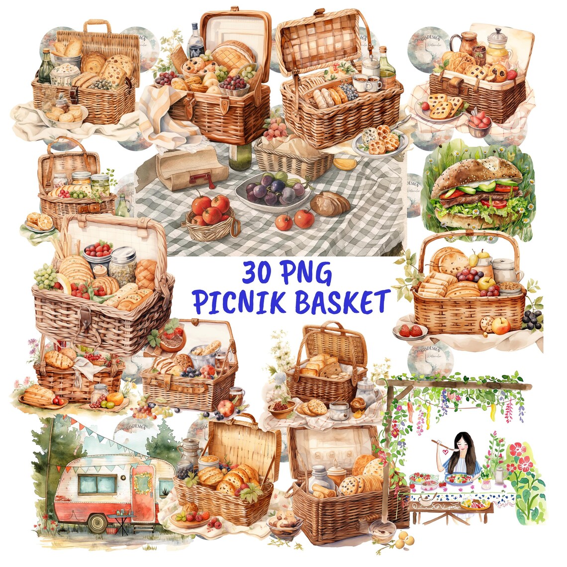 Picnic Basket Watercolor Clipart, Summer Food PNG (digital Download) - Etsy