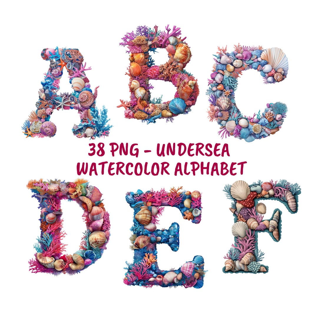 Undersea Watercolor Alphabet Numbers Clipart PNG, Alphabet Ocean PNG ...