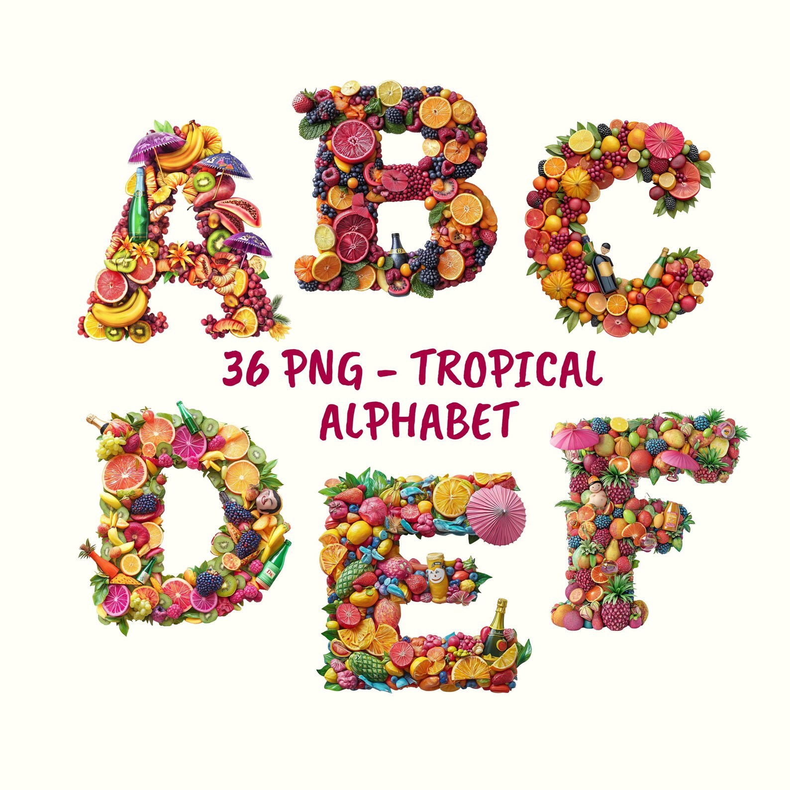 Watercolor Fruits and Tropical Alphabet Bundle, Digital Alphabet Fruits ...