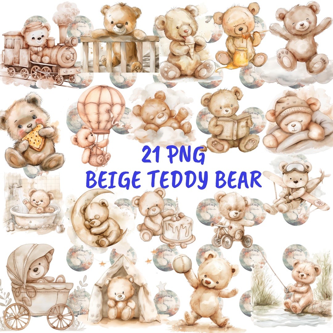 Watercolor Beige Teddy Bear Clipart, Boho Baby Shower PNG (digital ...
