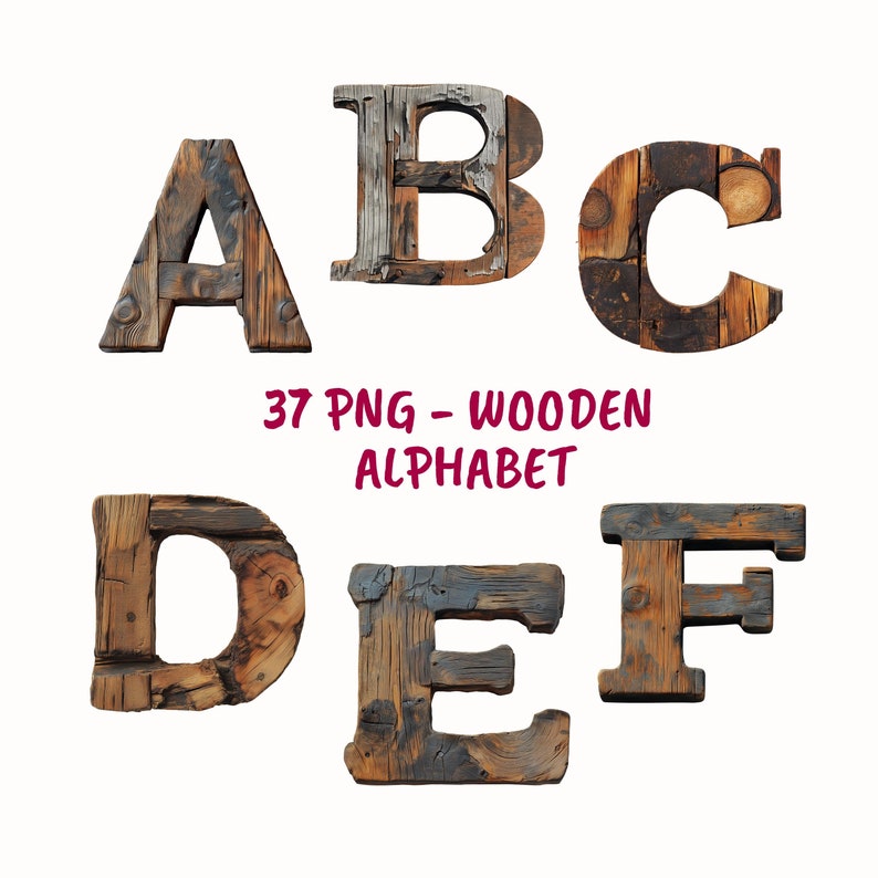 Wood Alphabet Clipart, Rustic Letters and Numbers (PNG Digital Download ...
