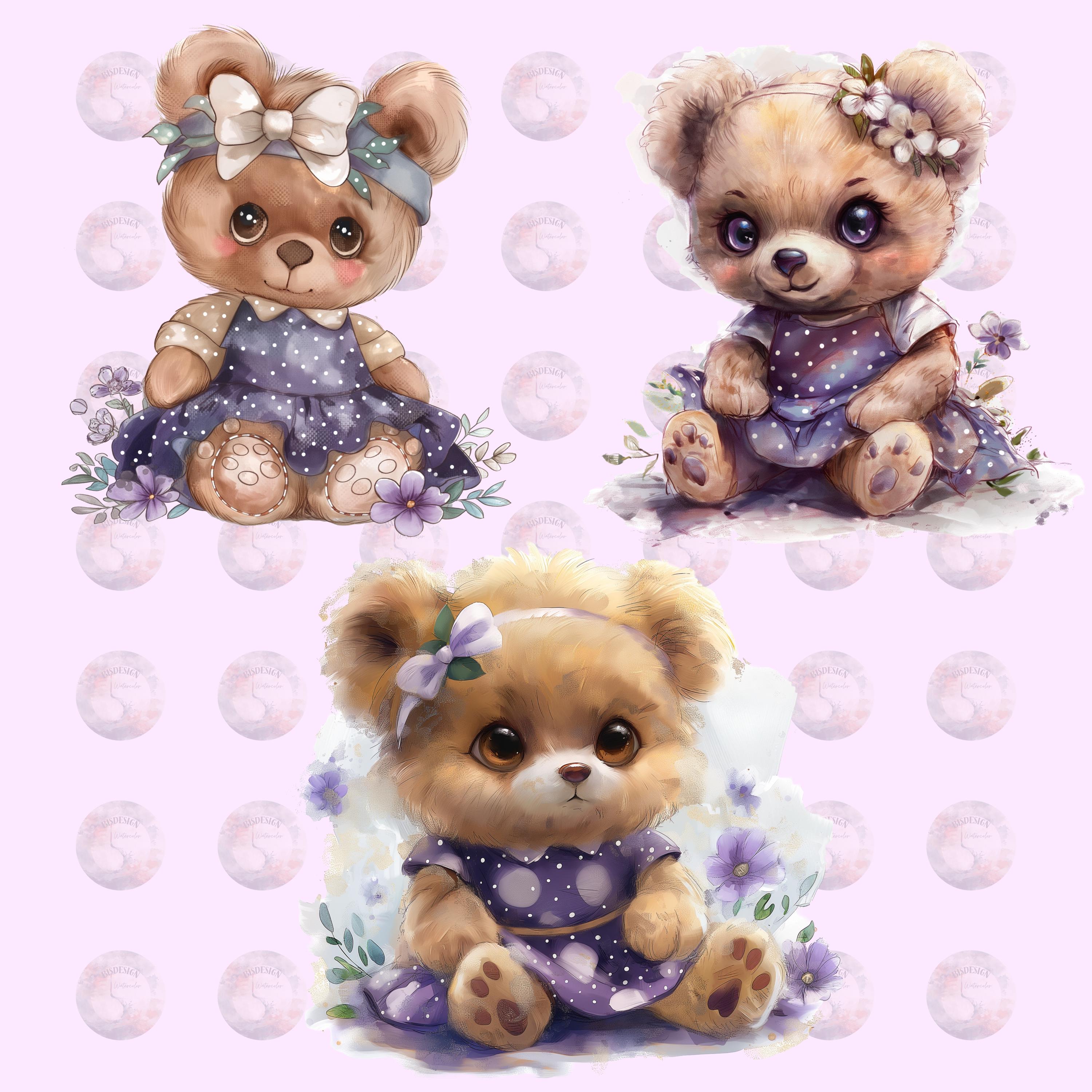 18 Watercolor Purple Nursery Teddy Bear Clipart, Cute Teddy Bear ...