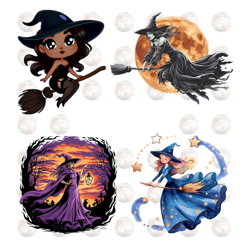 Watercolor Witches on Broomsticks Clipart Bundle, Halloween PNG ...