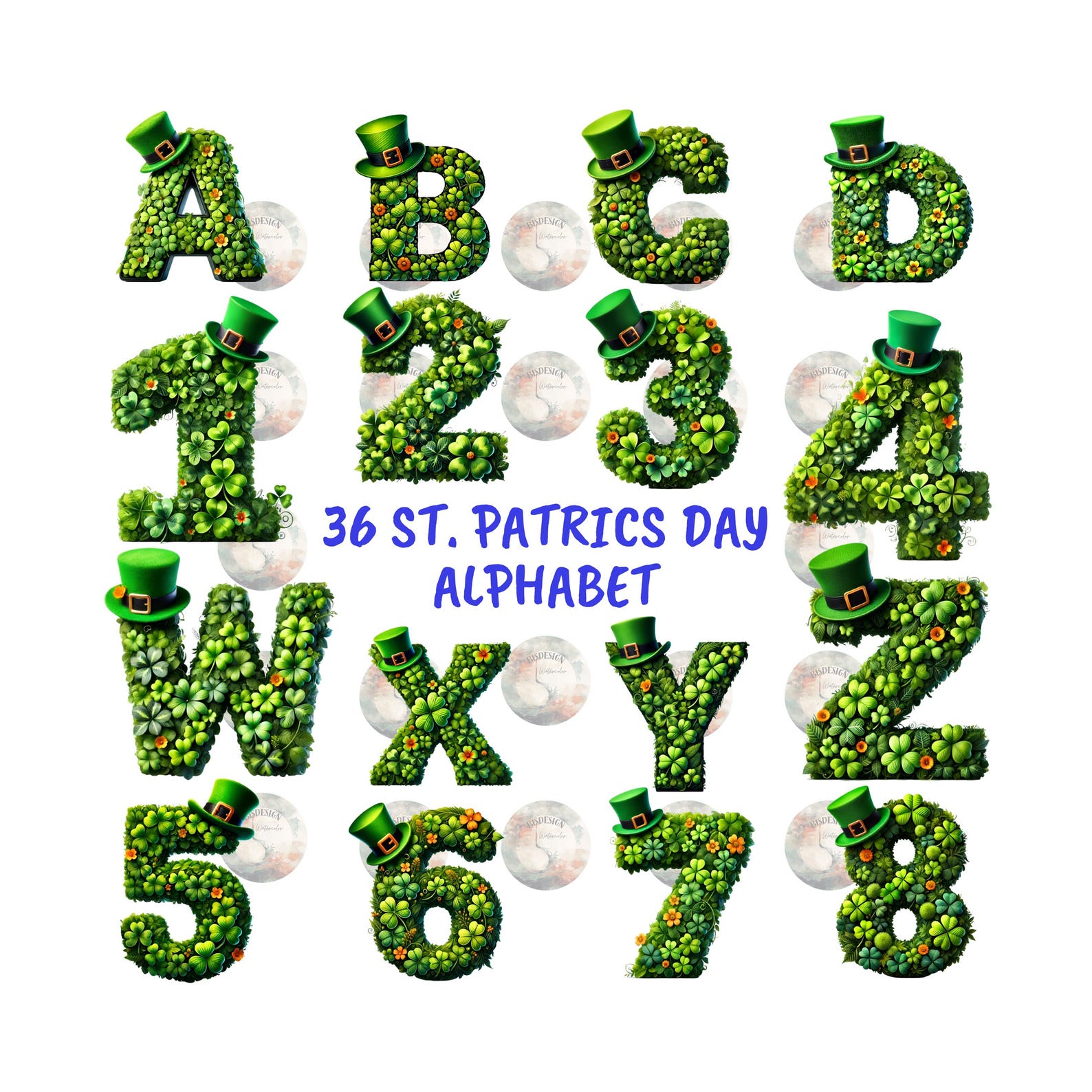 St. Patrick's Day Alphabet Clipart, Four Leaf Clover Font (PNG Digital ...