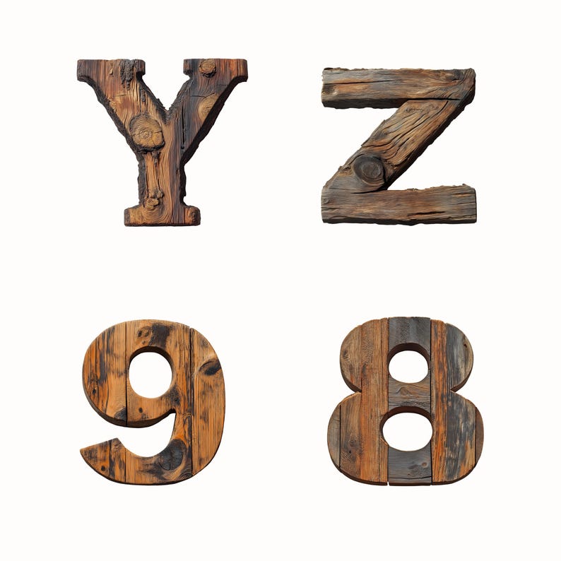 Wood Alphabet Clipart, Rustic Letters and Numbers (PNG Digital Download ...