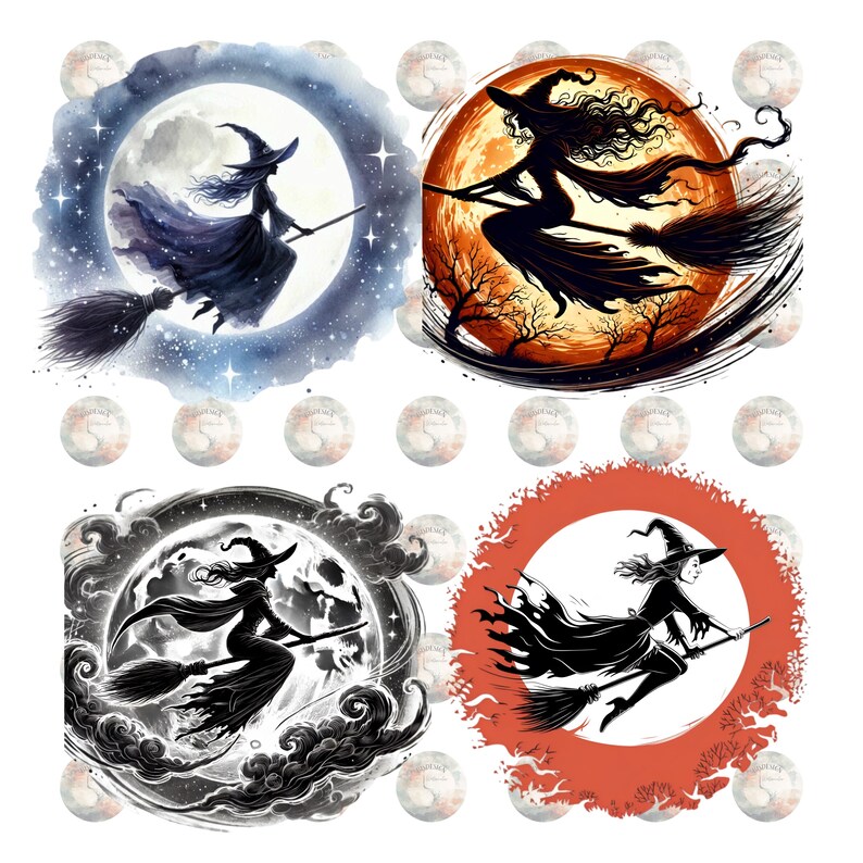 Watercolor Witches on Broomsticks Clipart Bundle, Halloween PNG ...