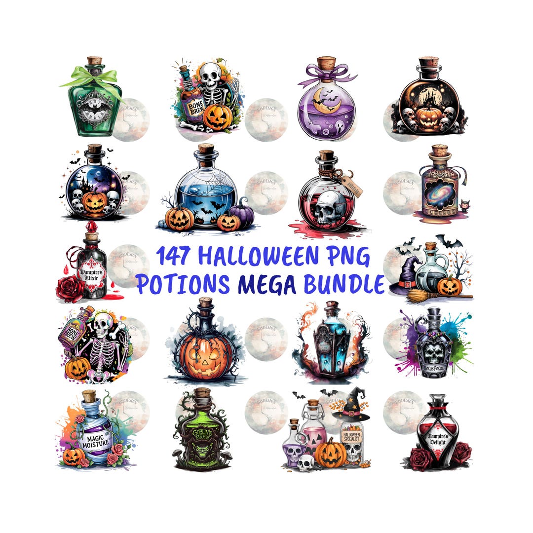 Halloween Potion Bottles Clipart Bundle, Witch Gothic PNG (digital ...