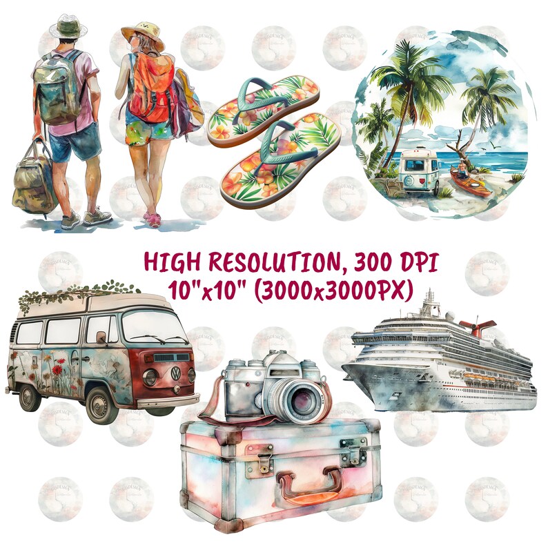 Watercolor Travel Clip Art Png, Summer Tropical Holiday Clip Art ...