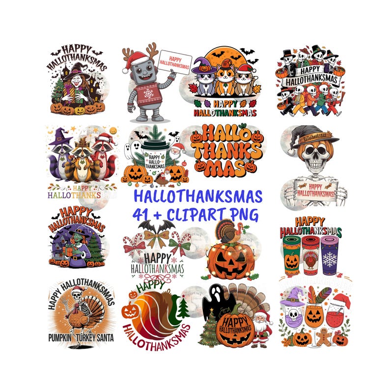 41 Happy Hallothanksmas Clipart Bundle PNG, Halloween Thanksgiving ...