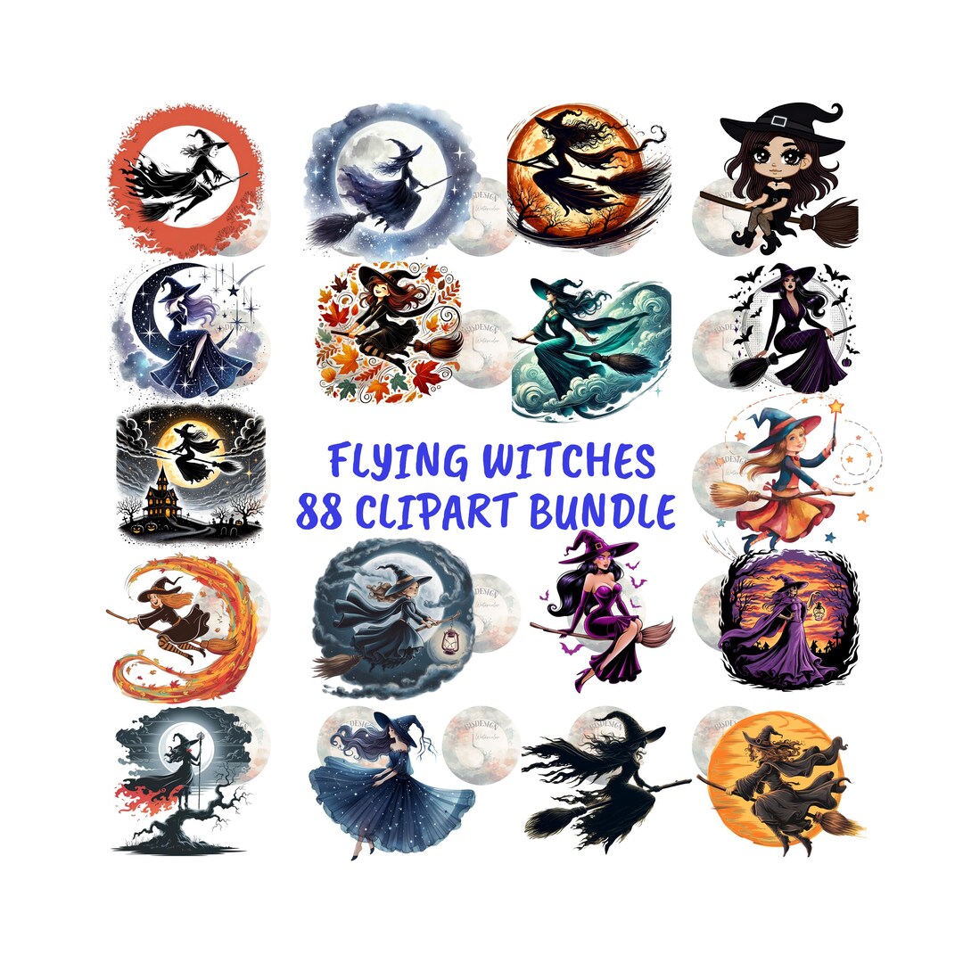 88 Witches on Broomsticks Watercolor Clipart Bundle, Witch PNG Bundle ...