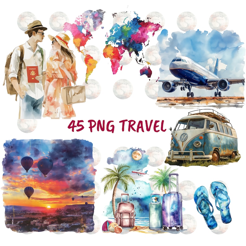 Summer Holiday Watercolor Clip Art, Travel Stickers Clipart Png ...