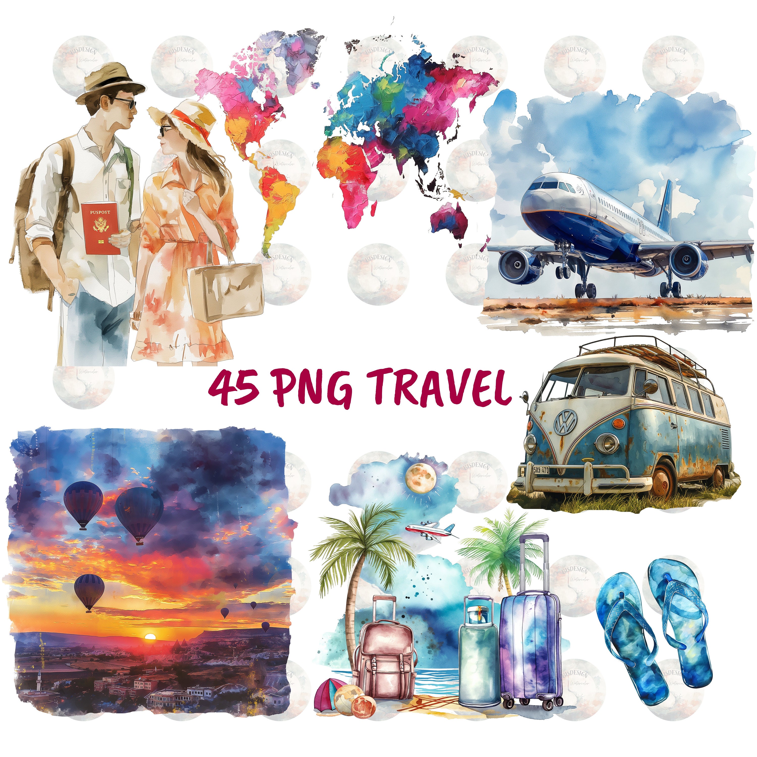 Summer Holiday Watercolor Clip Art, Travel Stickers Clipart Png ...