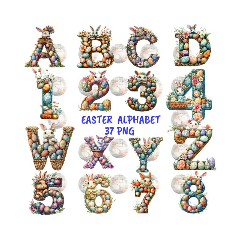 36 Easter Egg Alphabet Clipart Bundle, Bunny Letters Png, Doodle Font ...