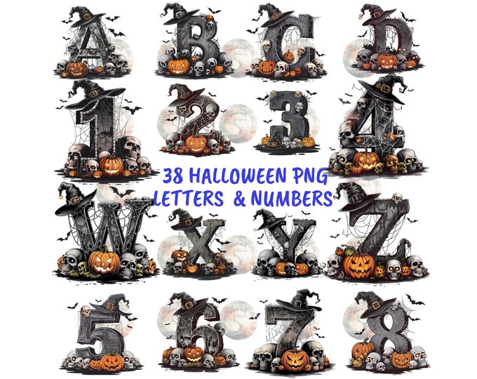 Spooky Halloween Alphabet & Numbers Clipart PNG, Watercolor Font ...