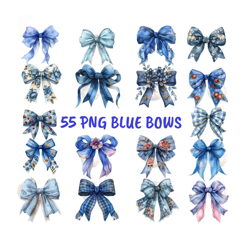 55 Watercolor Blue Bow Clipart, Gingham Ribbon PNG (digital Download ...