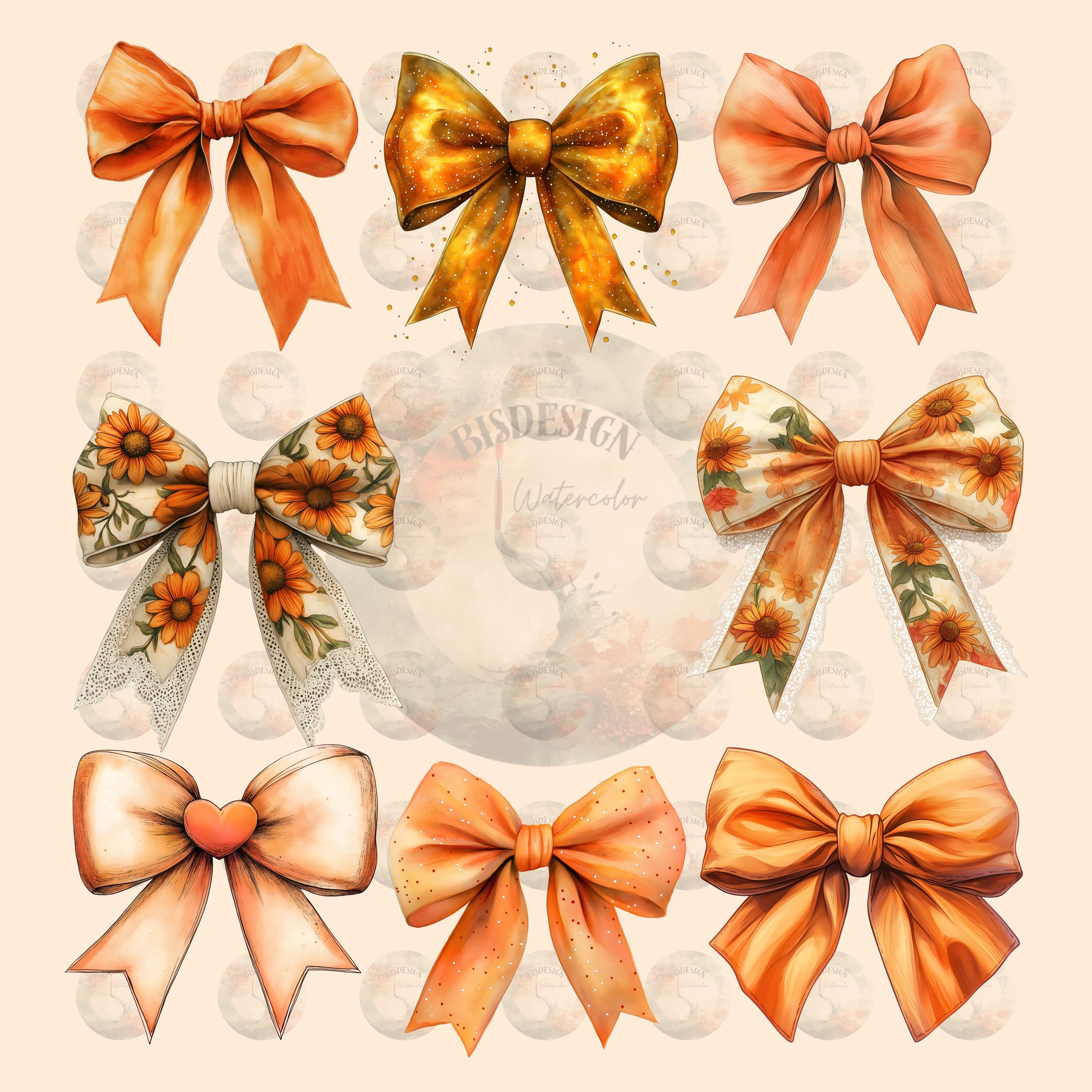 Watercolor Orange Bow Clipart, Gingham Ribbon Bows (PNG Digital ...