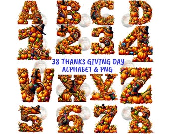 Thanksgiving Clipart Alphabet, Pumpkin Turkey Letters (PNG Digital ...