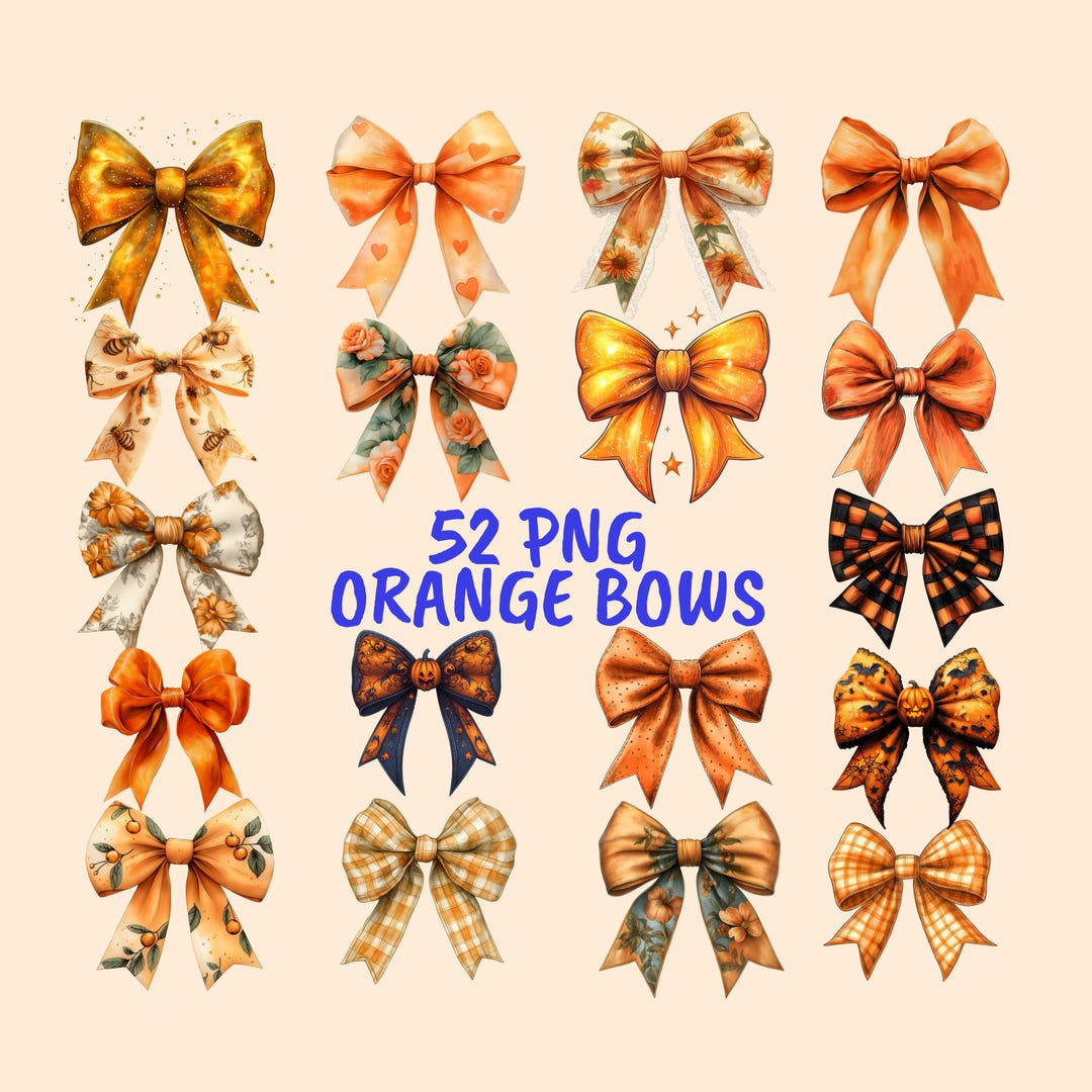 Watercolor Orange Bow Clipart, Gingham Ribbon Bows (PNG Digital ...