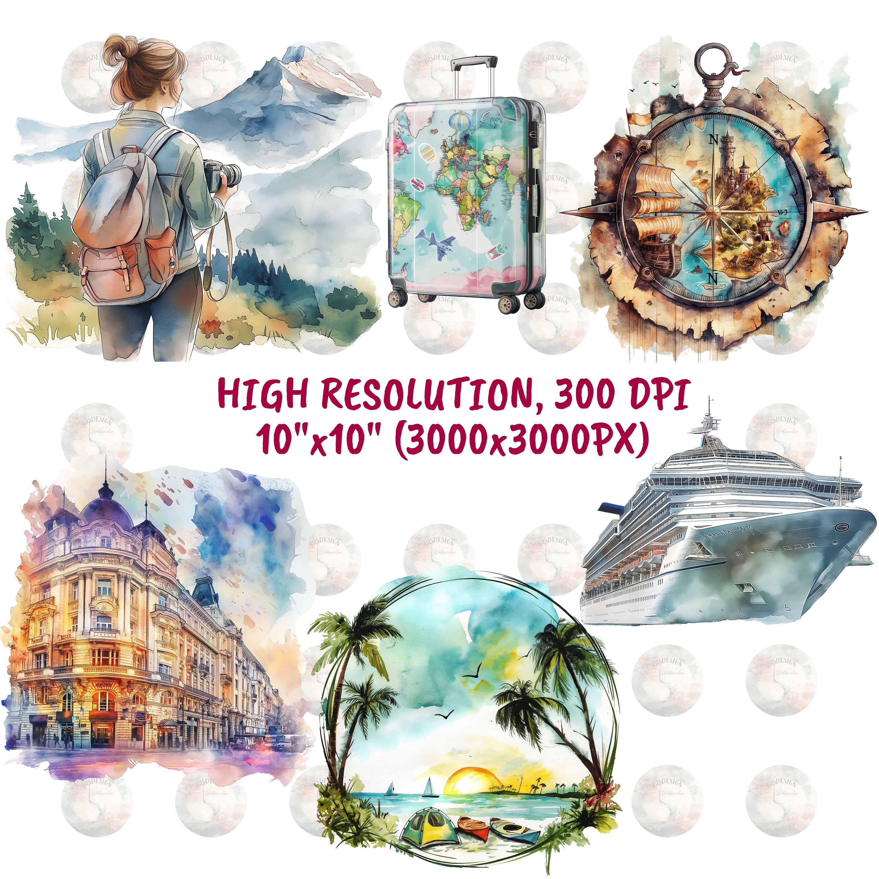 Summer Holiday Watercolor Clip Art, Travel Stickers Clipart Png ...