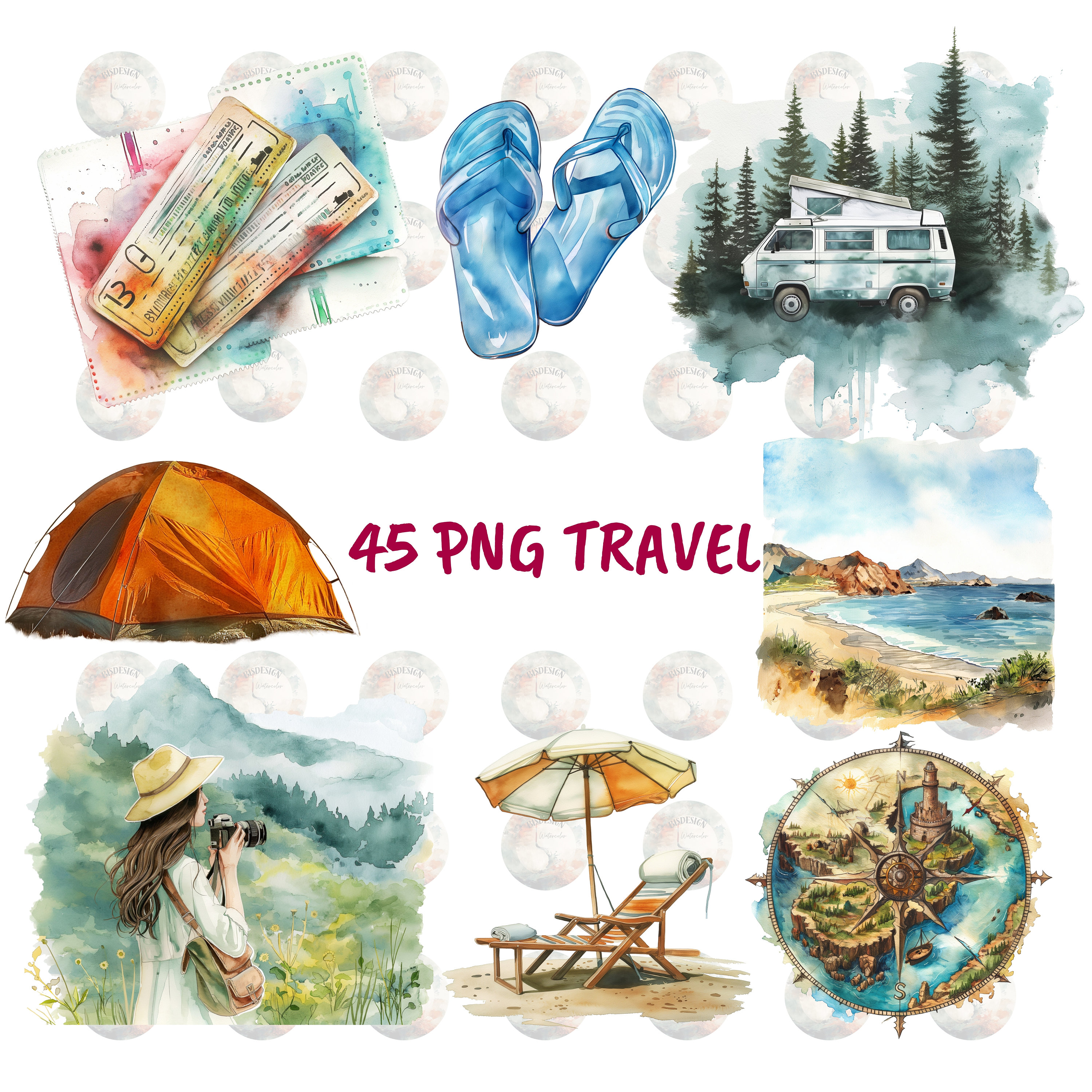 Watercolor Travel Clip Art Png, Summer Tropical Holiday Clip Art ...