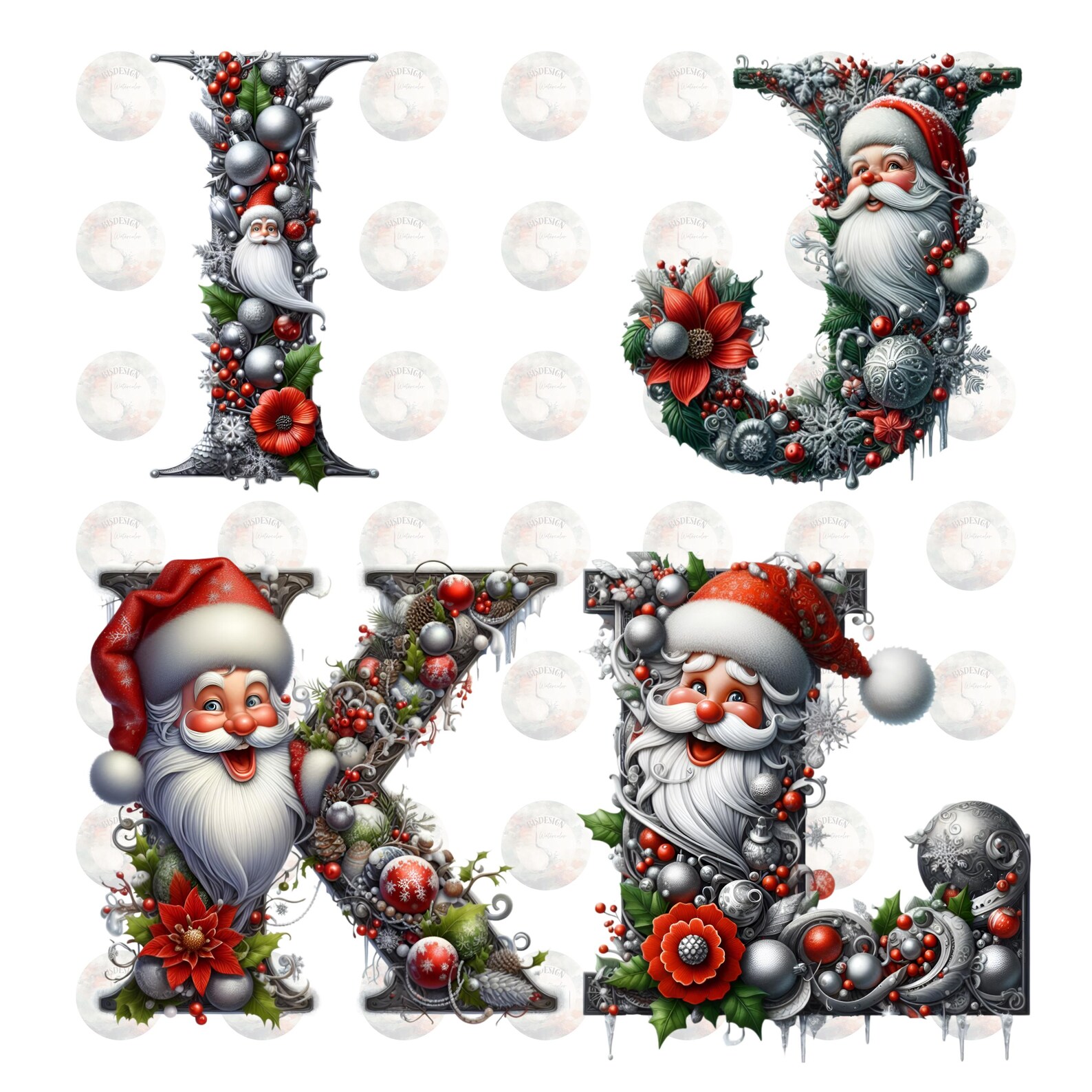 Christmas and Santa Claus Alphabet Clipart Png, Watercolor Letters and ...