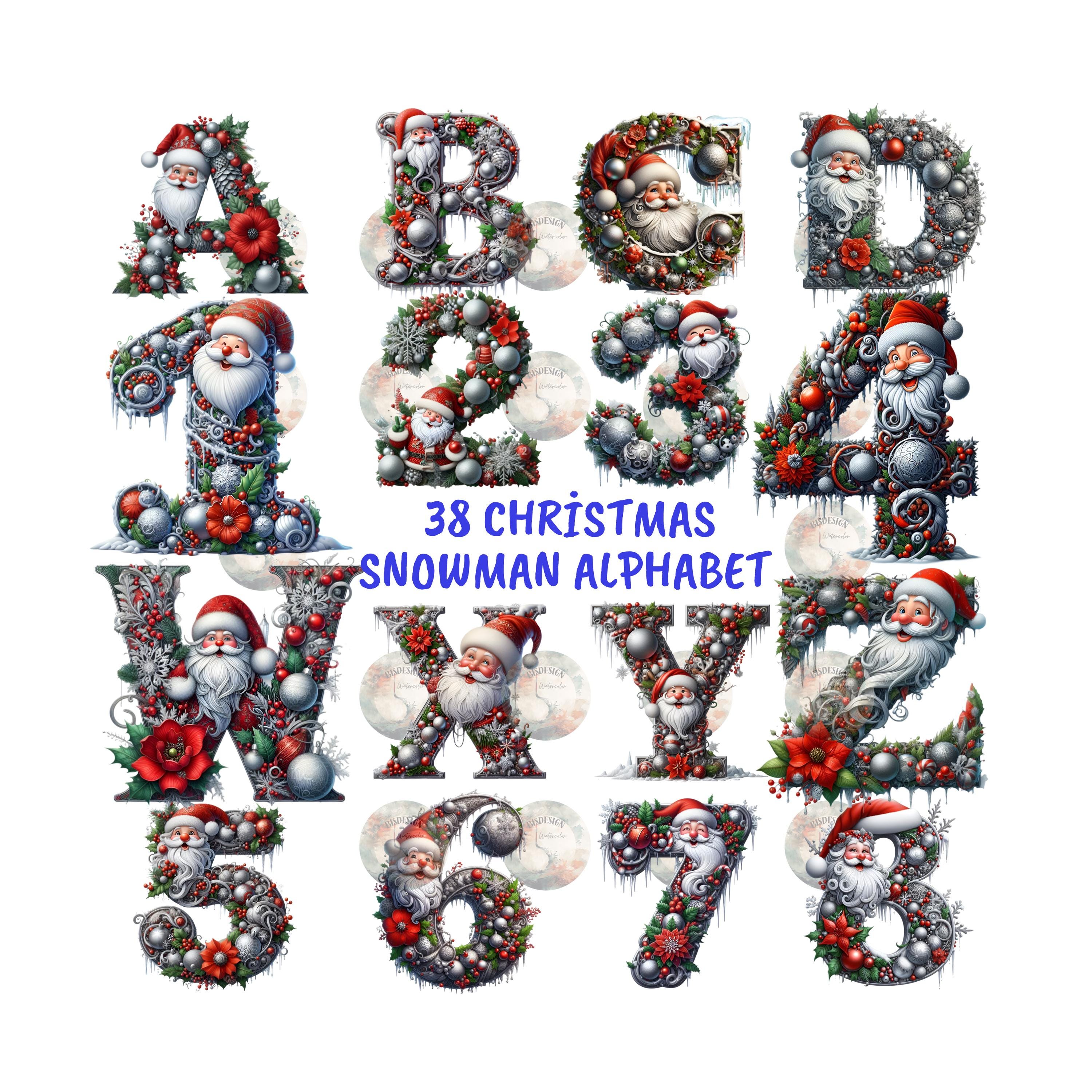Christmas and Santa Claus Alphabet Clipart Png, Watercolor Letters and ...