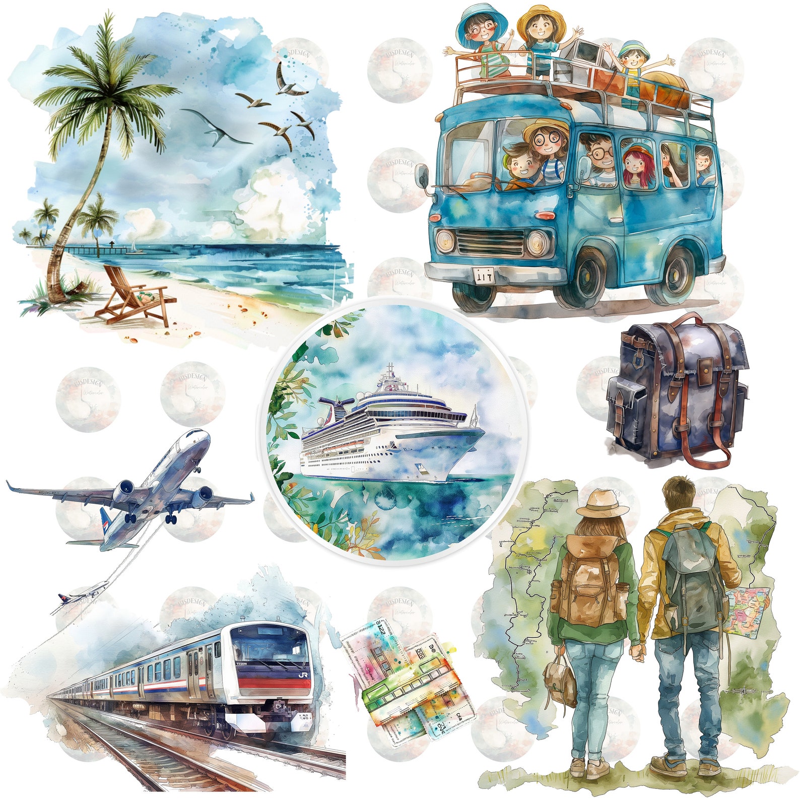 Summer Holiday Watercolor Clip Art, Travel Stickers Clipart Png ...