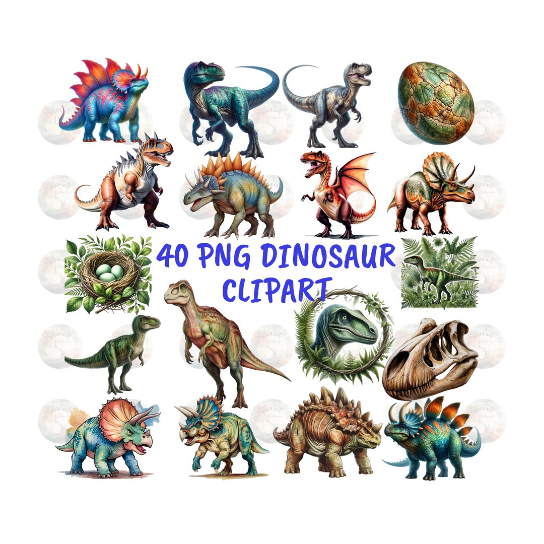 40 Watercolor Dinosaurs Clipart Bundle, Cute Dinosaur Png, Dinosaur ...