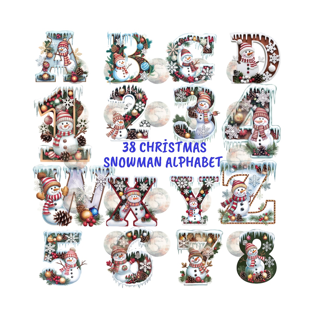 Christmas Snowman Alphabet Clipart, Letters and Numbers Clipart Png ...