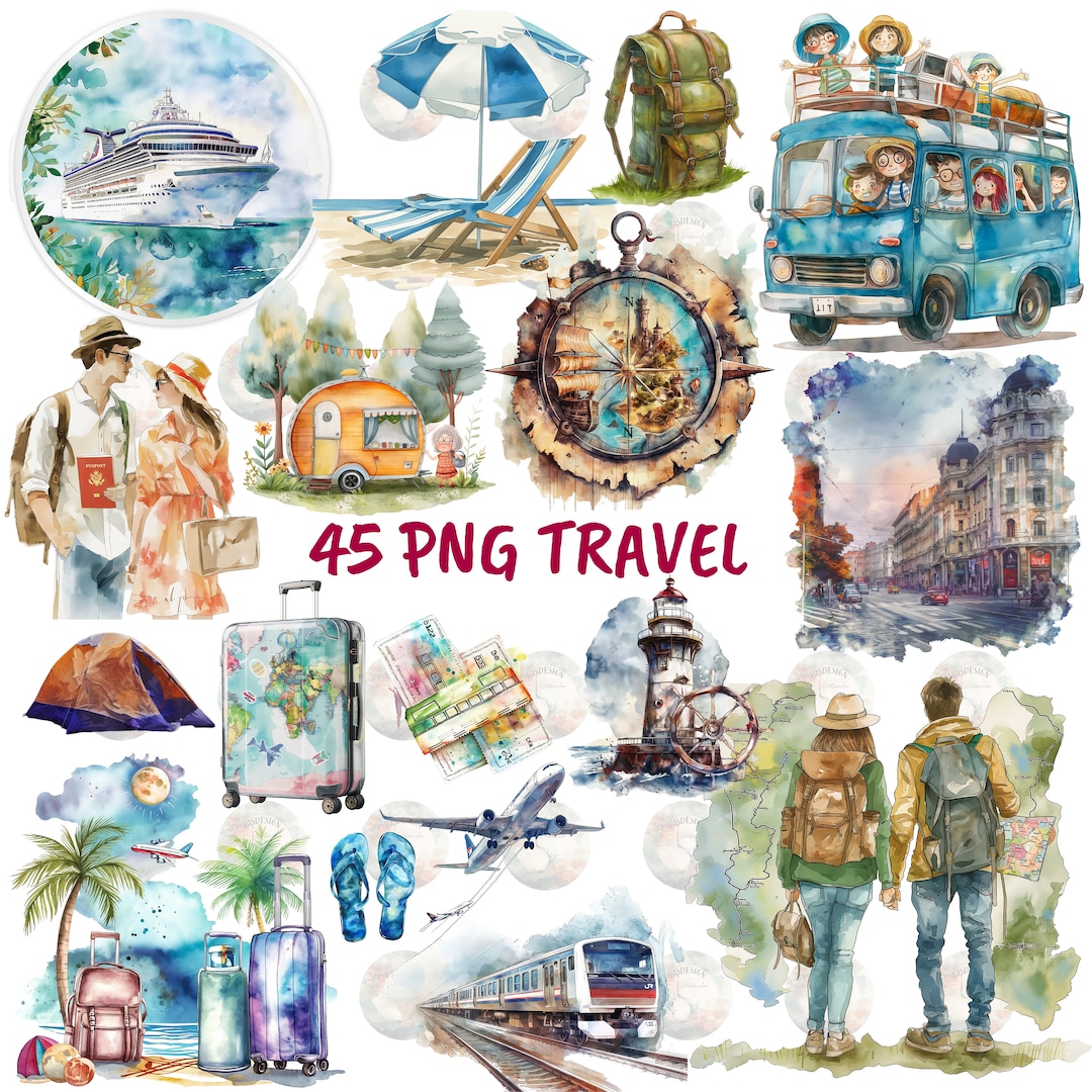 Summer Holiday Watercolor Clip Art, Travel Stickers Clipart Png ...