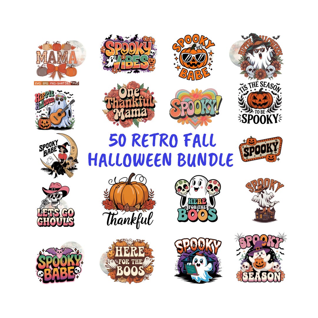 50 Retro Fall Halloween PNG Bundle, Spooky Season Designs (digital ...