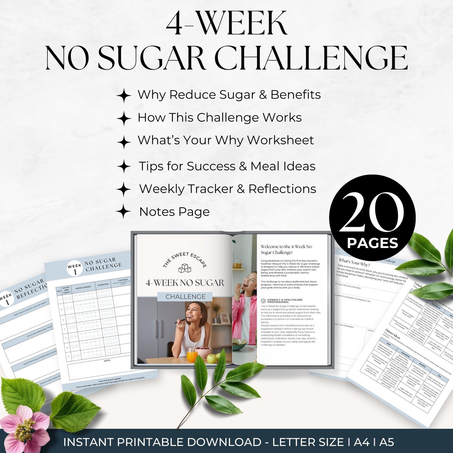 30 Day No Sugar Challenge, Sugar Detox Tracker, No Sweets Diet Health ...